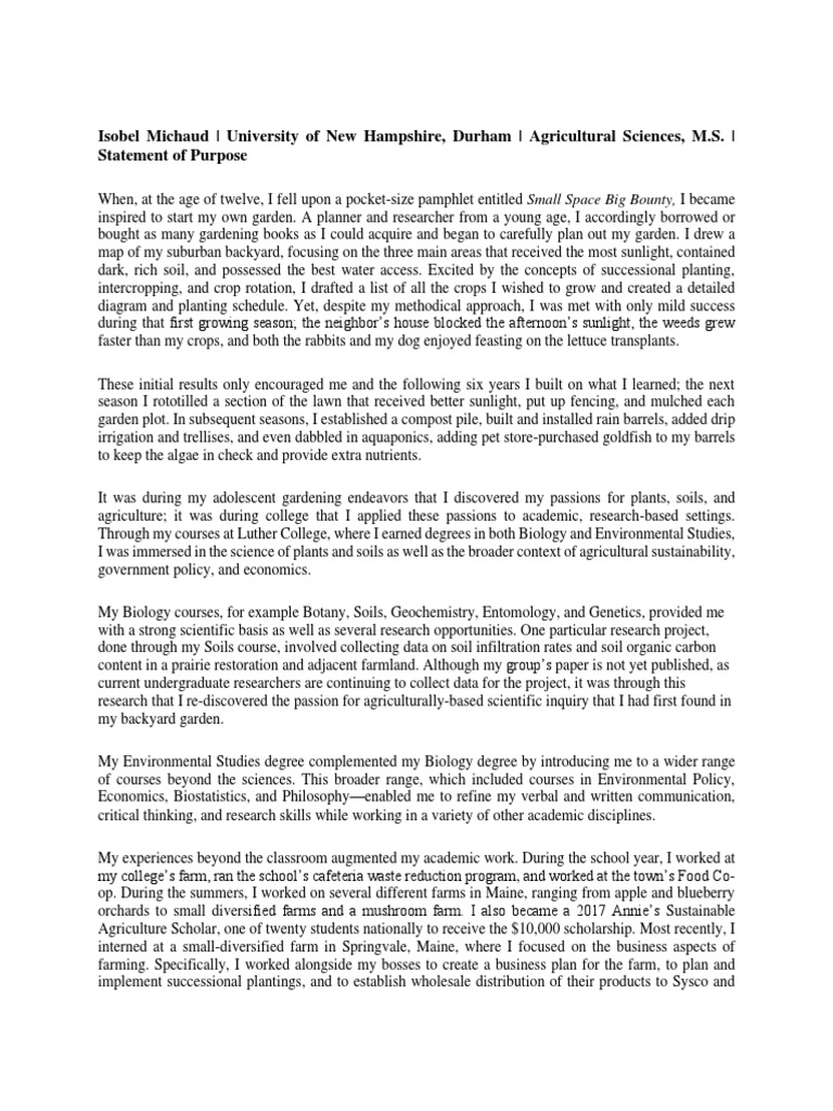 UNH Personal Statement | PDF | Agriculture | Soil