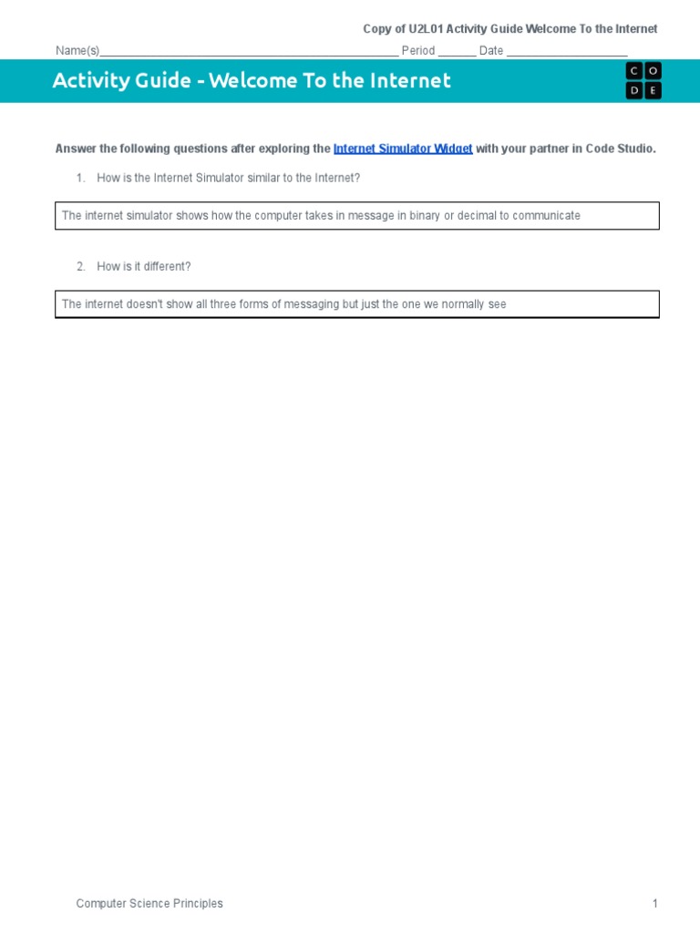 U2l01 Activity Guide Welcome To The Internet | PDF