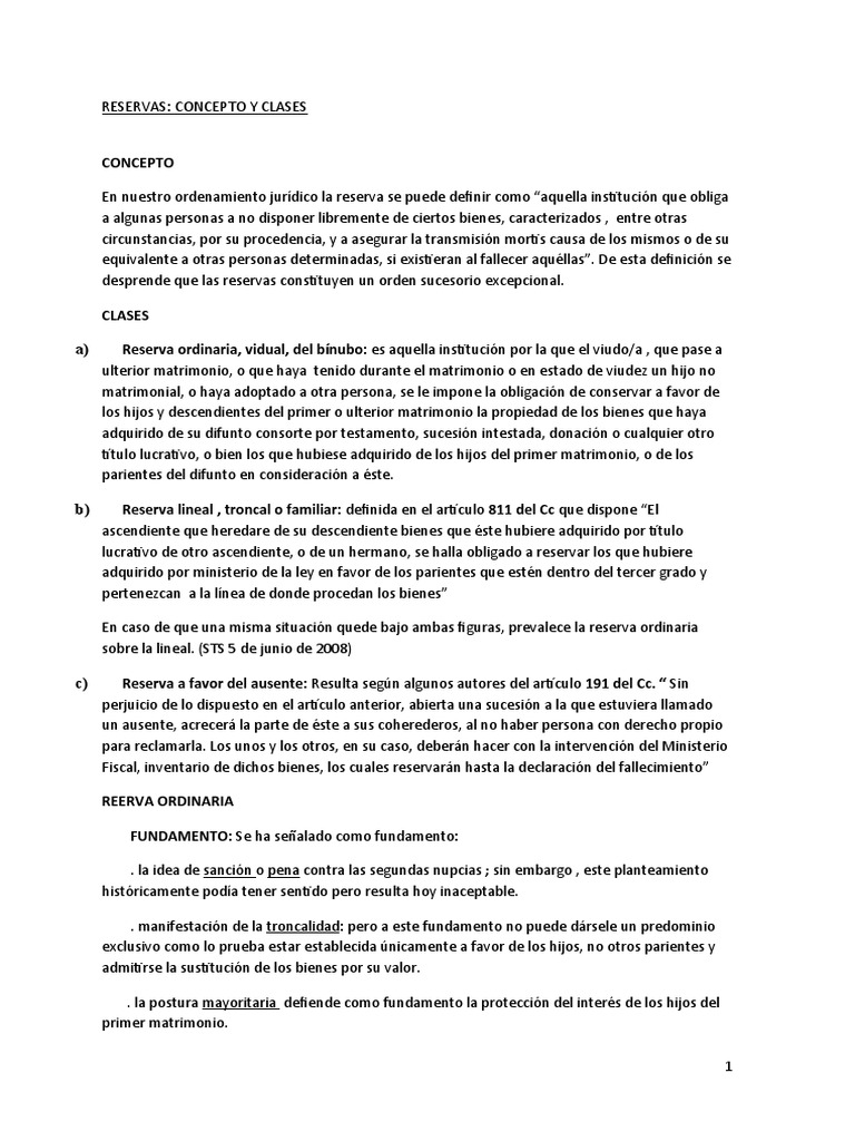 Definición y Clases de Reservas | PDF | Intestacy | Parentesco