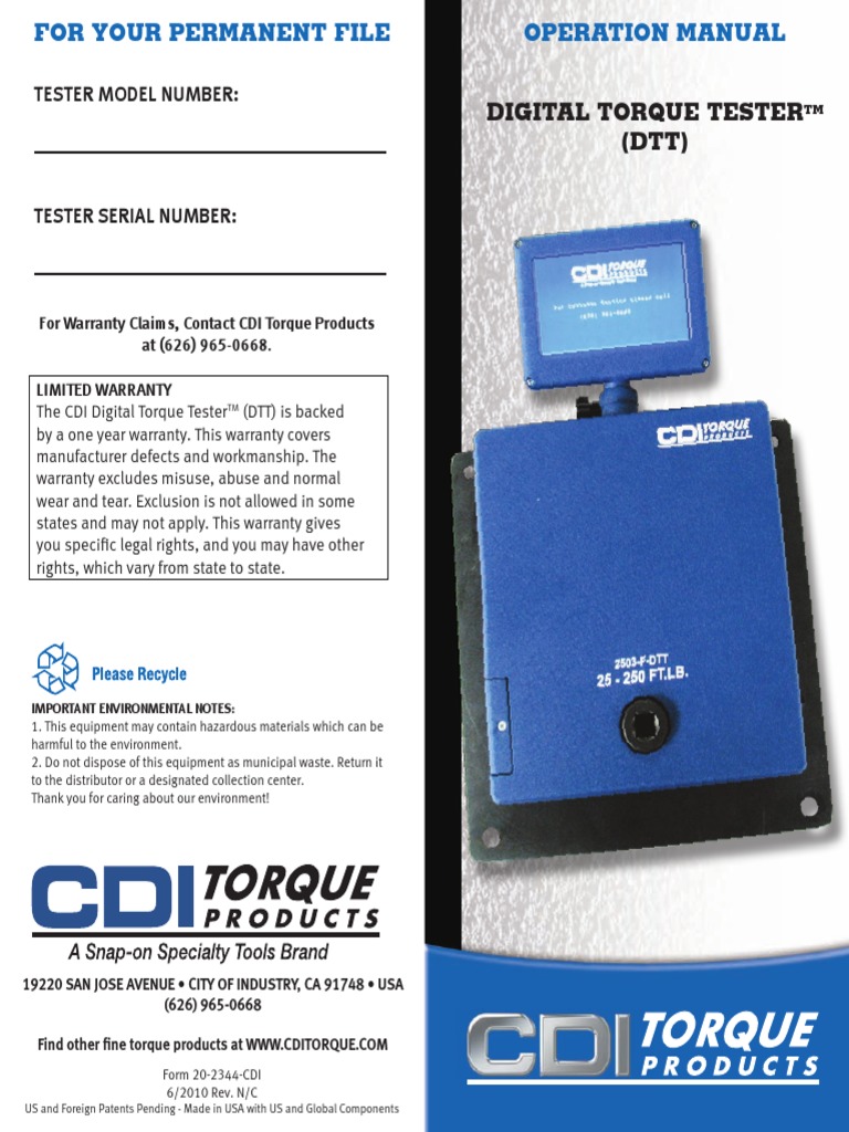 Tester Model Number:: Digital Torque Tester (DTT) | PDF | Safety ...