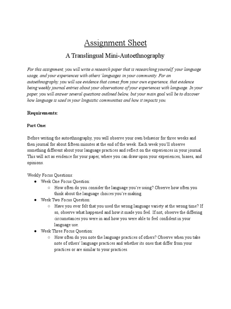 Translingual Autoethnography Assignment | PDF | Bias | Evidence
