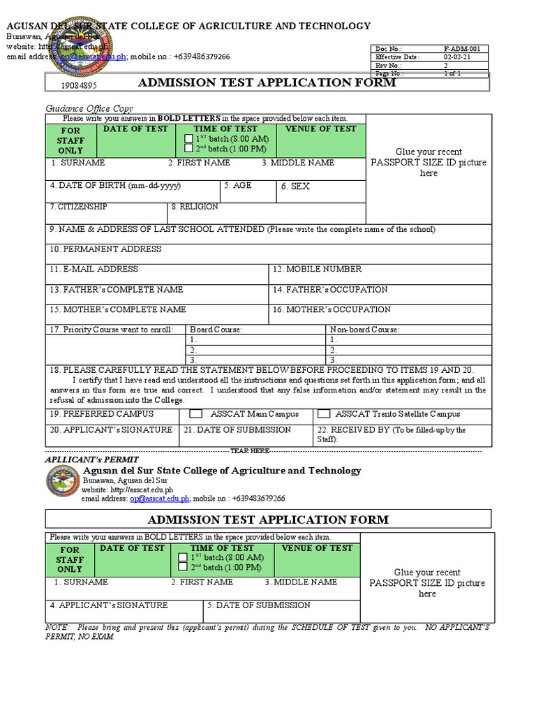 Admission Test Application Form: Guidance Office | PDF | Test ...
