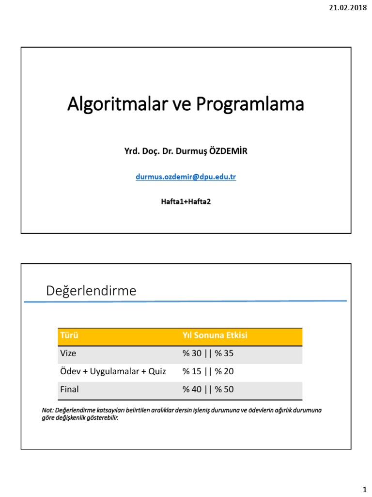 Algoritmalar Ve Programlama - HAFTA1 - hAFTA2 | PDF
