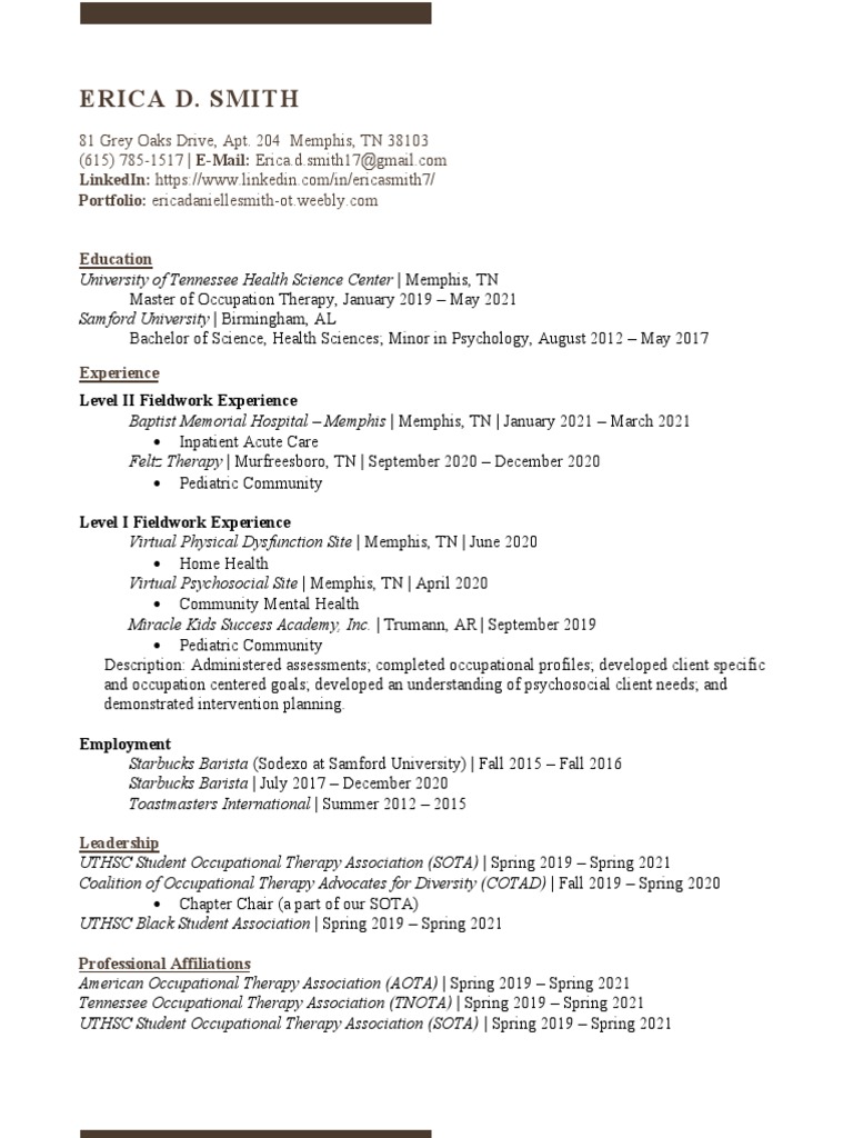 Erica Smith - Resume | PDF | Occupational Therapy | Psychosocial
