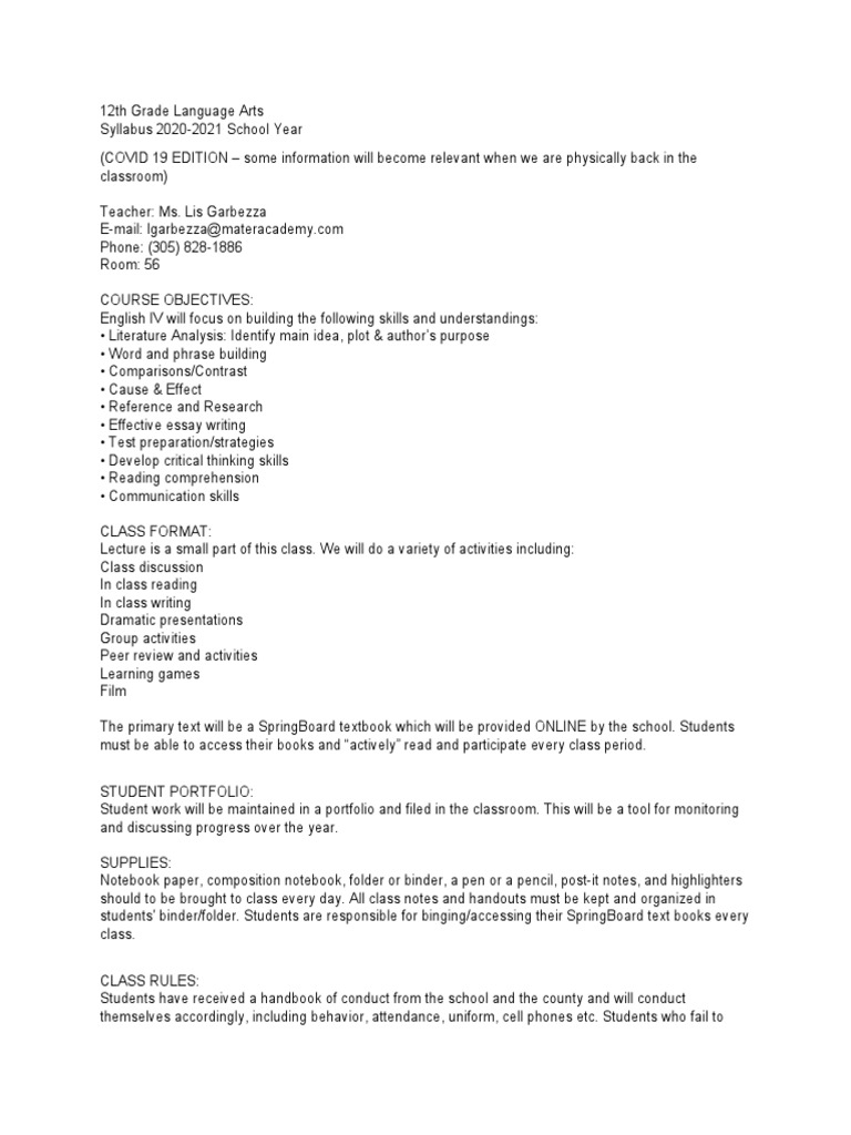 12th Grade Language Arts Syllabus 2020-2021 | PDF | Lecture | Reading ...