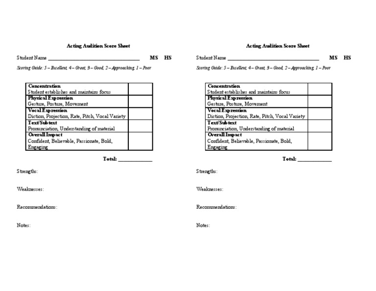 Acting Audition Score Sheet | Communication | Cognition
