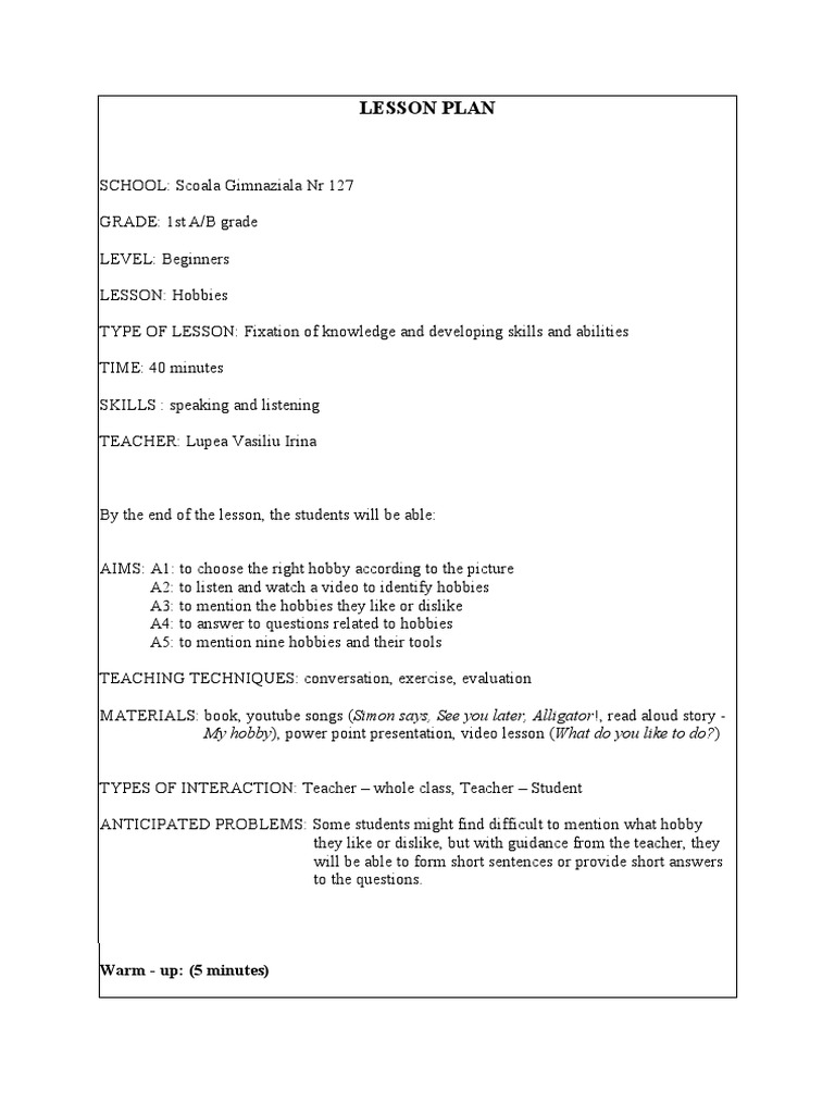 Lesson Plan: Warm - Up: (5 Minutes) | PDF | Vocabulary | Teachers