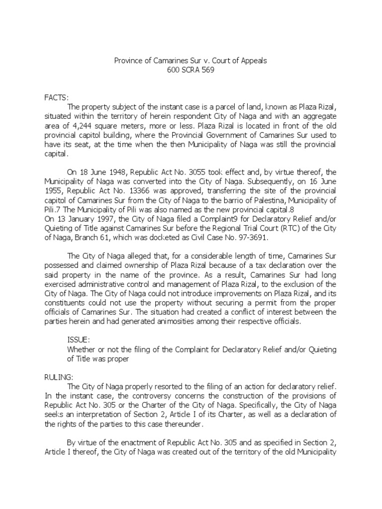 Declaratory Relief on Plaza Rizal Ownership | PDF | Separation Of ...