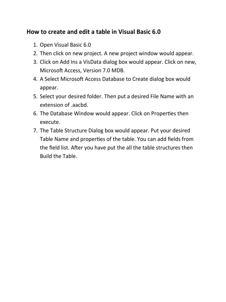 How To Create and Edit A Table in Visual Basic 6 | PDF