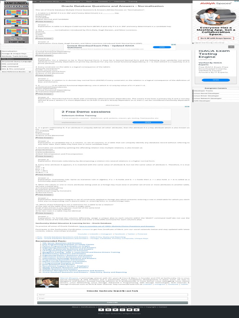 Normalization - Oracle Database Questions and Answers - Sanfoundry | PDF | Relational Database ...