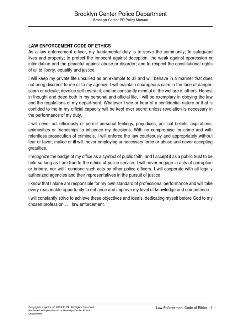 Brooklyn Center MN Police Policy Manual | PDF | Oath Of Office | Law ...
