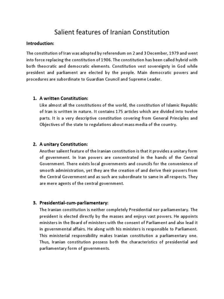 Salient Features of Iranian Constitution | PDF | Iran | Constitution