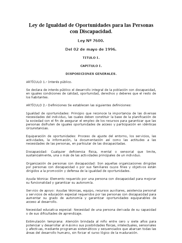 Ley No. 7600. Ley de Igualdad de Oportunidades para Las Personas Con ...