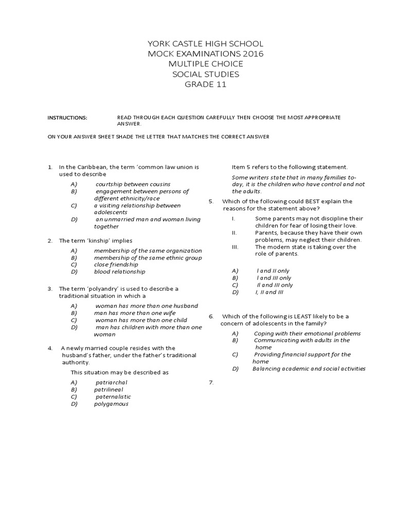 Caribbean Social Studies Mock Exam 2016 | PDF | Heads Of State | Family