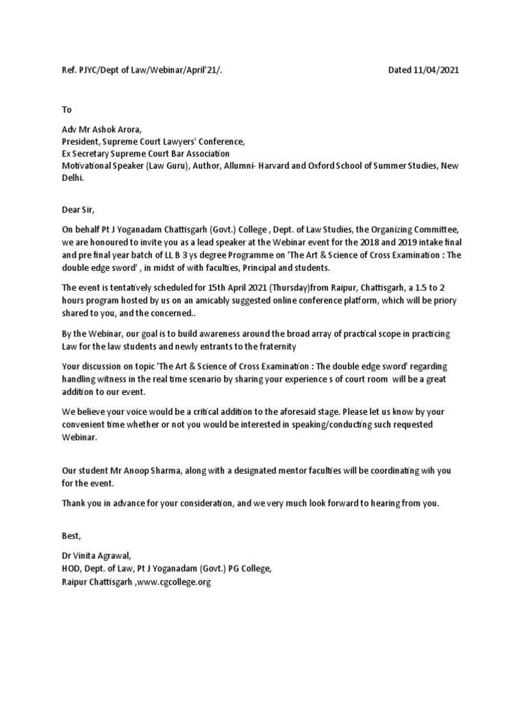 Invitation To Guest Speaker Letter For Webinar, Dept of Law: Draft | PDF