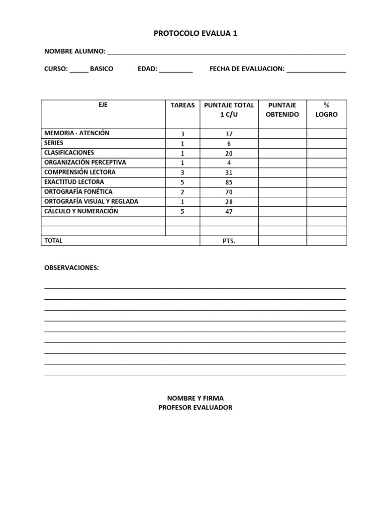 Protocolo Evalua 1 | PDF
