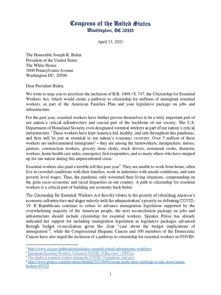 Letter Citizenship For Essential Workers Letter | PDF | Legislative ...