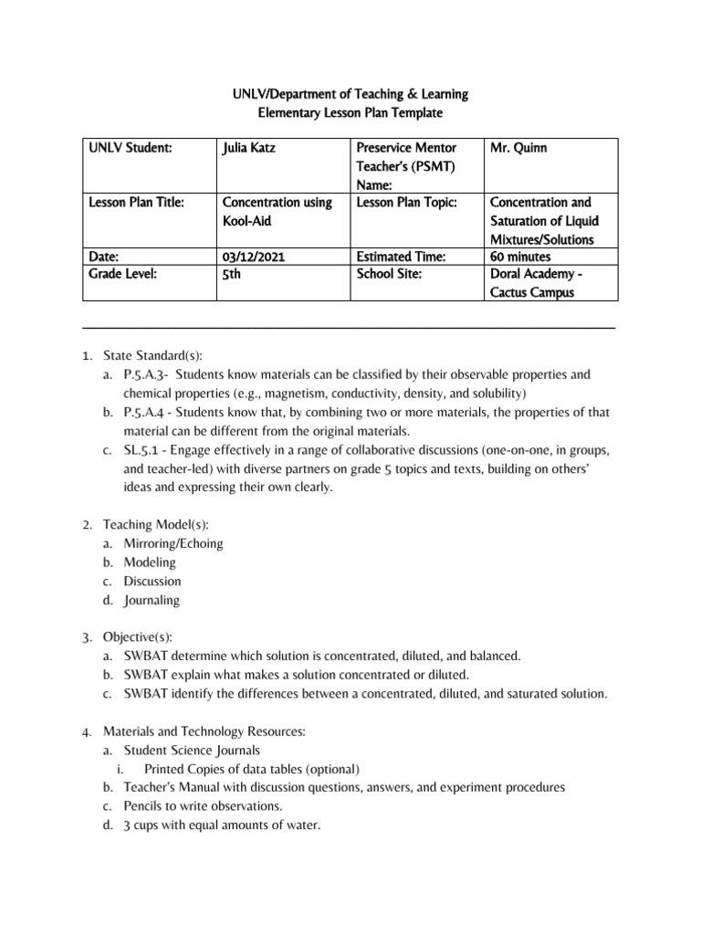 Lesson Plan 3 Concentration | PDF | Mixture | Solution