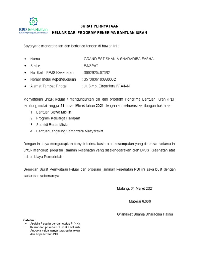 Surat Pernyataan Keluar PBI | PDF