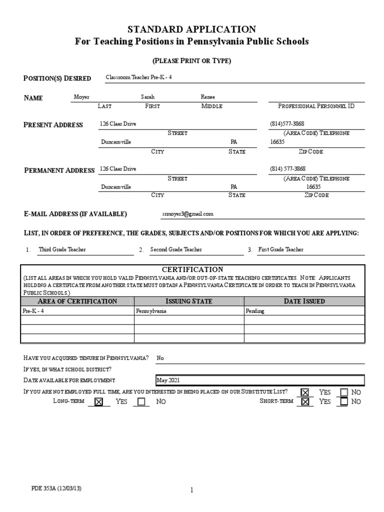 Pa Standard Teaching Application 1 | PDF | Nolo Contendere | Teachers