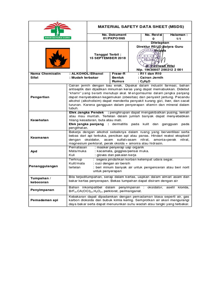 MSDS Alkohol Dan Etanol | PDF