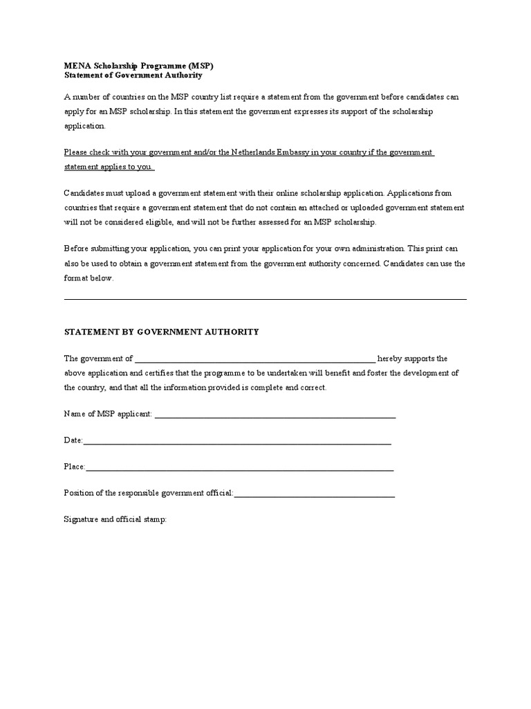 MSP Scholarship Government Statement Requirement | PDF