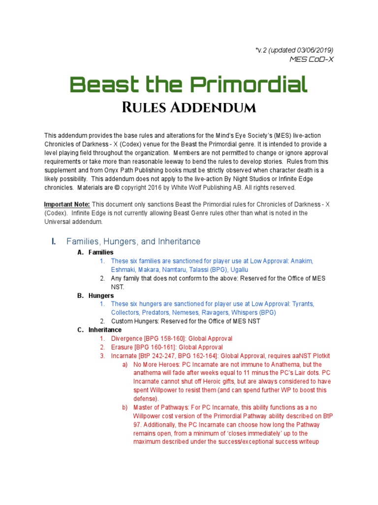 MES CoD Beast The Primordial Genre Addendum 2019 | PDF | Leisure