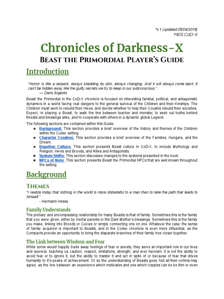 MES CoD-X Beast The Primordial Player Guide 1 | PDF | Creation Myths | Dream