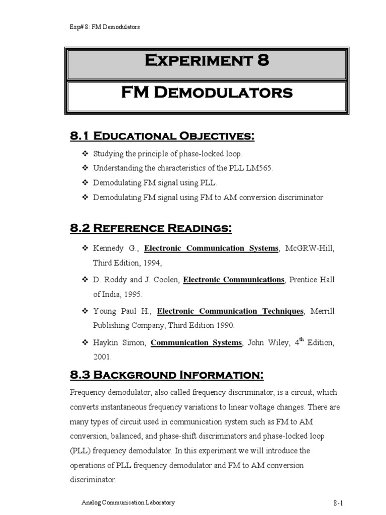 Experiment 8: FM Demodulator | PDF | Detector (Radio) | Frequency ...