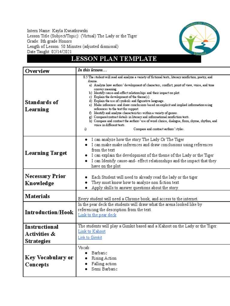 8th Grade Lesson Plan: The Lady or the Tiger | PDF | Lesson Plan ...