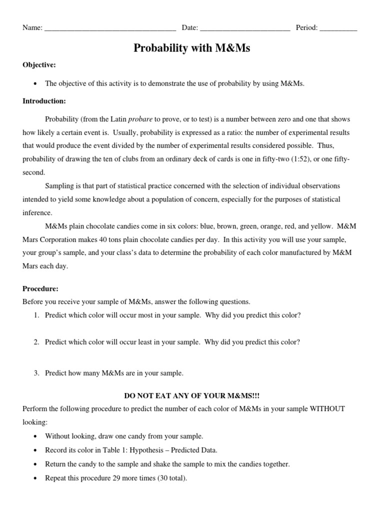 M&M Probability Experiment Guide | PDF | Pound (Mass) | Statistics