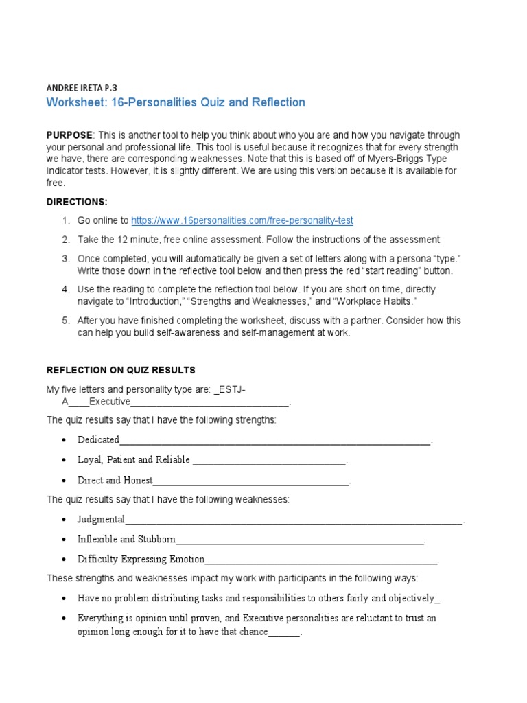 Worksheet: 16-Personalities Quiz and Reflection | PDF | Cognitive ...