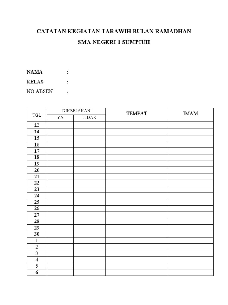 Catatan Kegiatan Tarawih Bulan Ramadhan | PDF