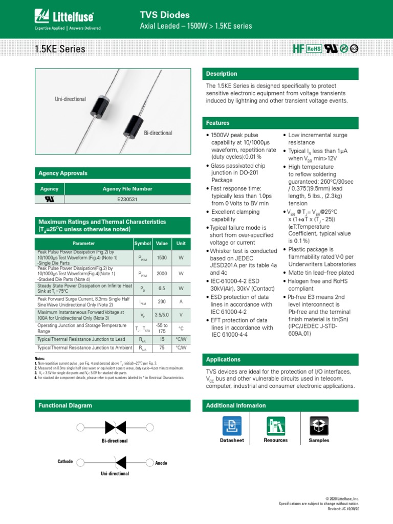 Littelfuse TVS Diode 1 5KE Datasheet pdf-1761343 | PDF | Electronics ...