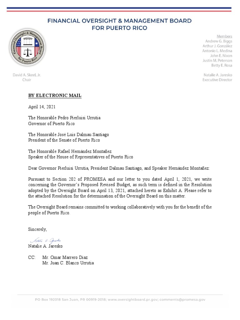FOMB - Letter - Governor - PROMESA 202 Budget Revision Process - April ...