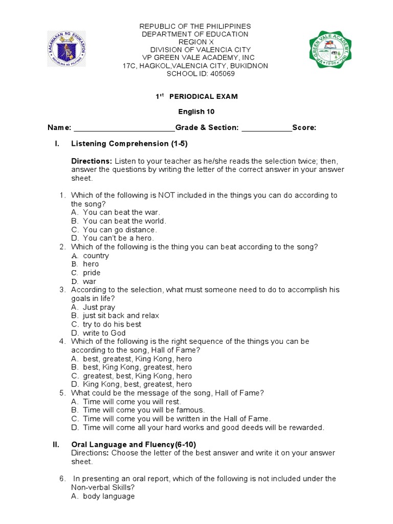 1st GRADING EXAM ENGLISH 10 | PDF | Hades | Persephone