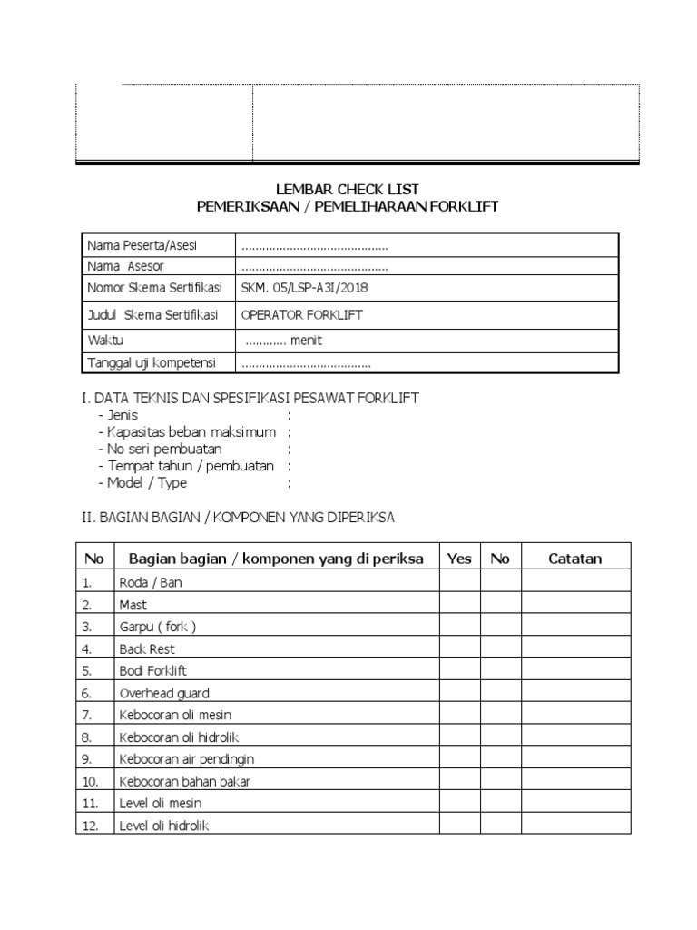 Cek Lis Pemeriksaan Forklift | PDF