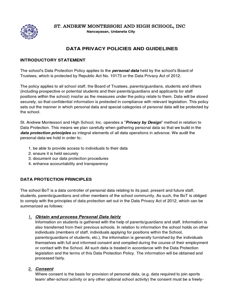 Data Privacy Policies and Guidelines: St. Andrew Montessori and High ...