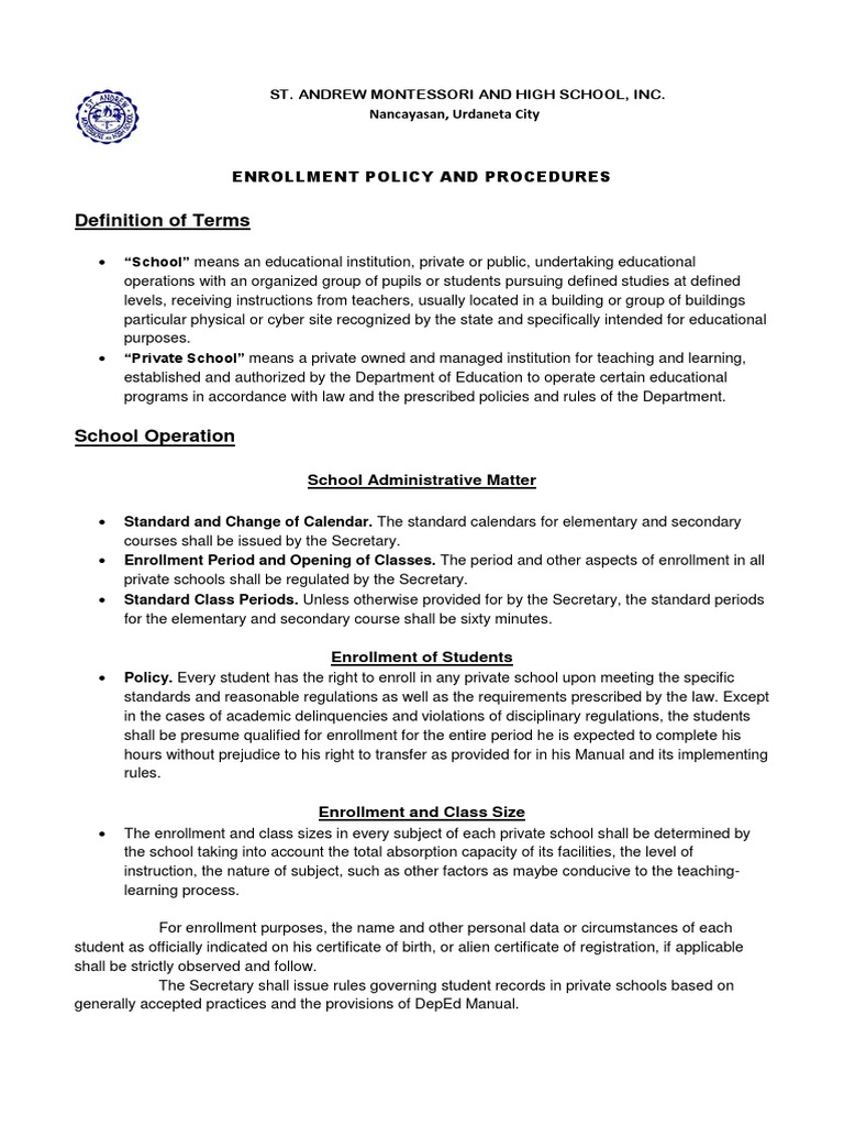 Definition of Terms: Enrollment Policy and Procedures | PDF | Schools ...