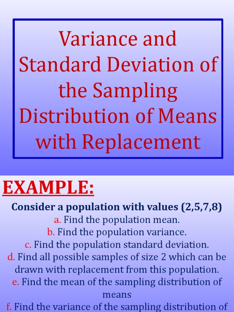 Variance and Standard Deviation of The Sampling Distribution of Means With Replacement | PDF ...