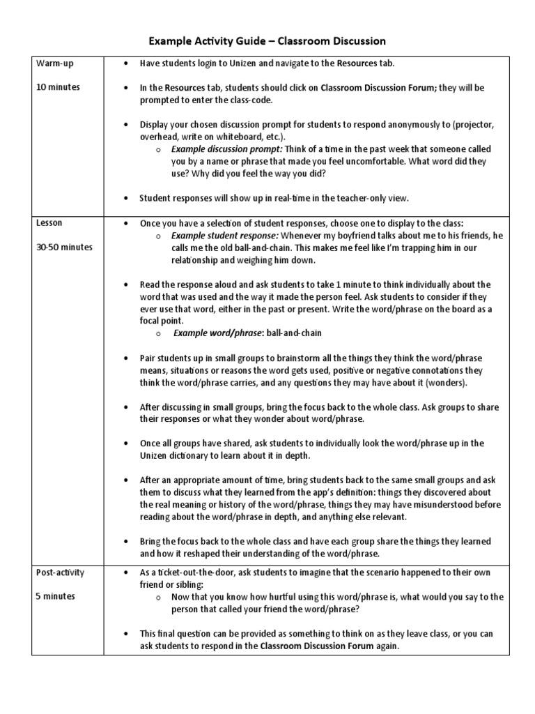 Example Activity Guide - Classroom Discussion | PDF | Psychological ...
