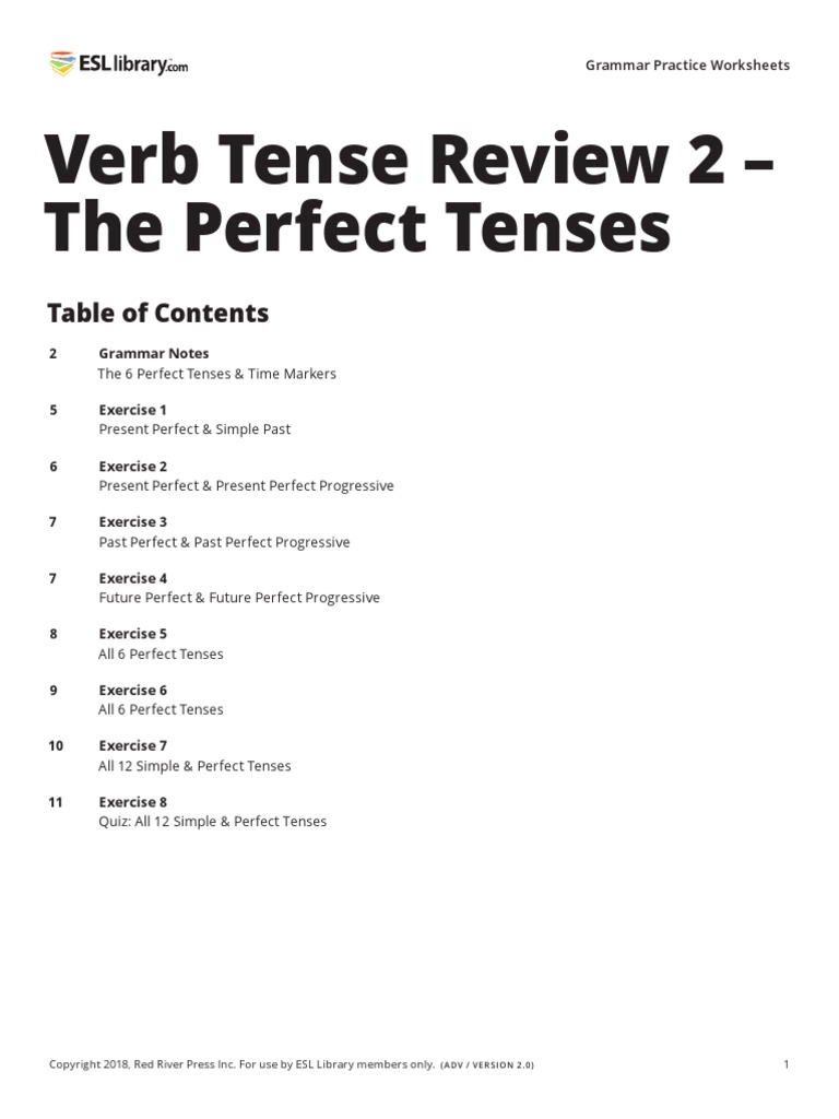 Verb Tense Review 2 - The Perfect Tenses: Grammar Practice Worksheets ...