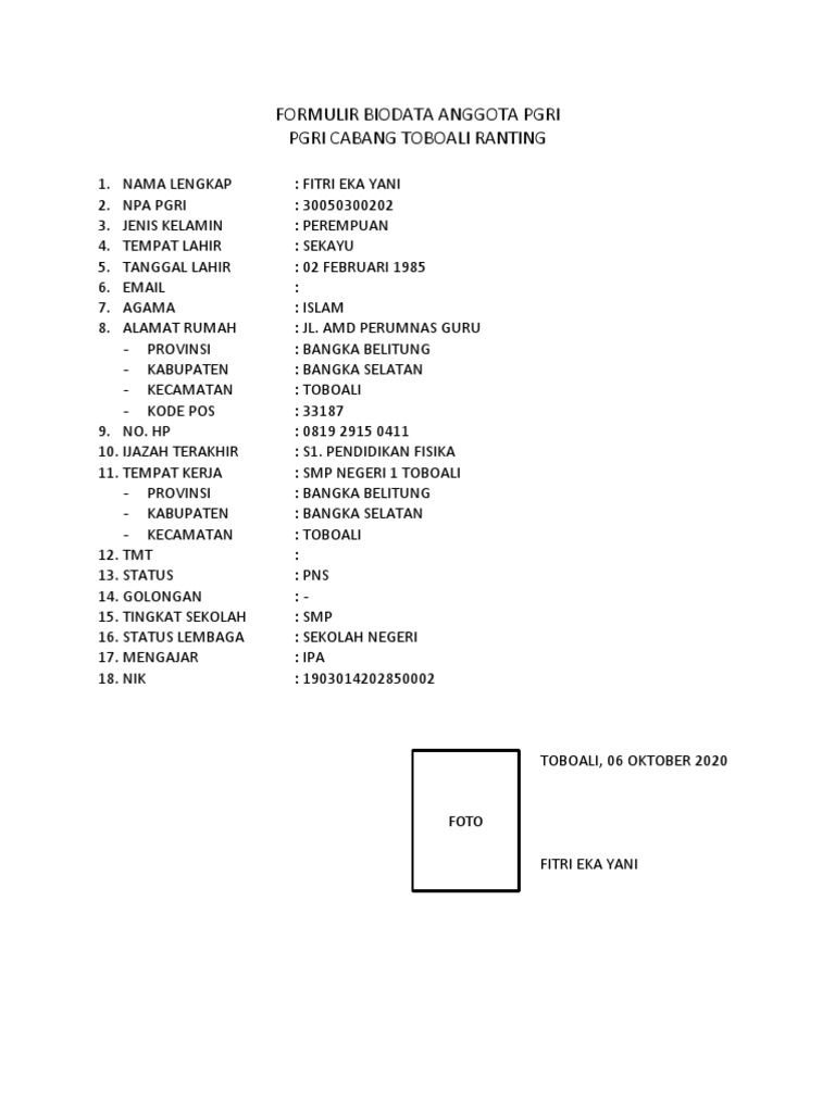 Formulir Biodata Anggota Pgri | PDF