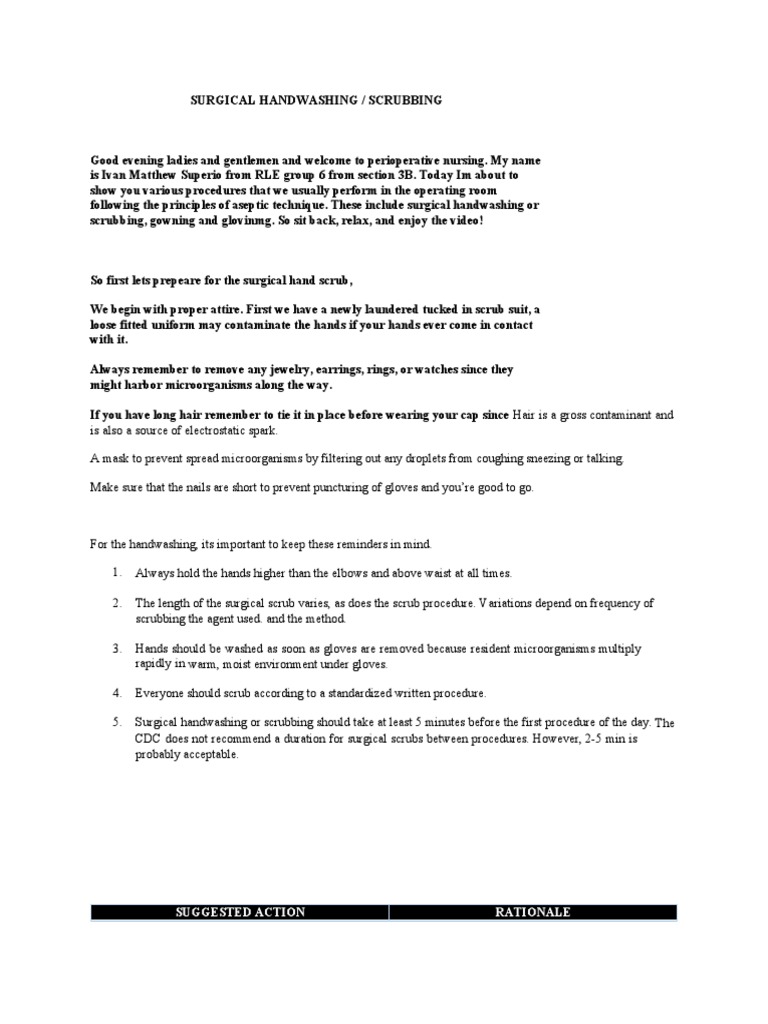 Surgical Handwashing Script | PDF | Hand Washing | Hand
