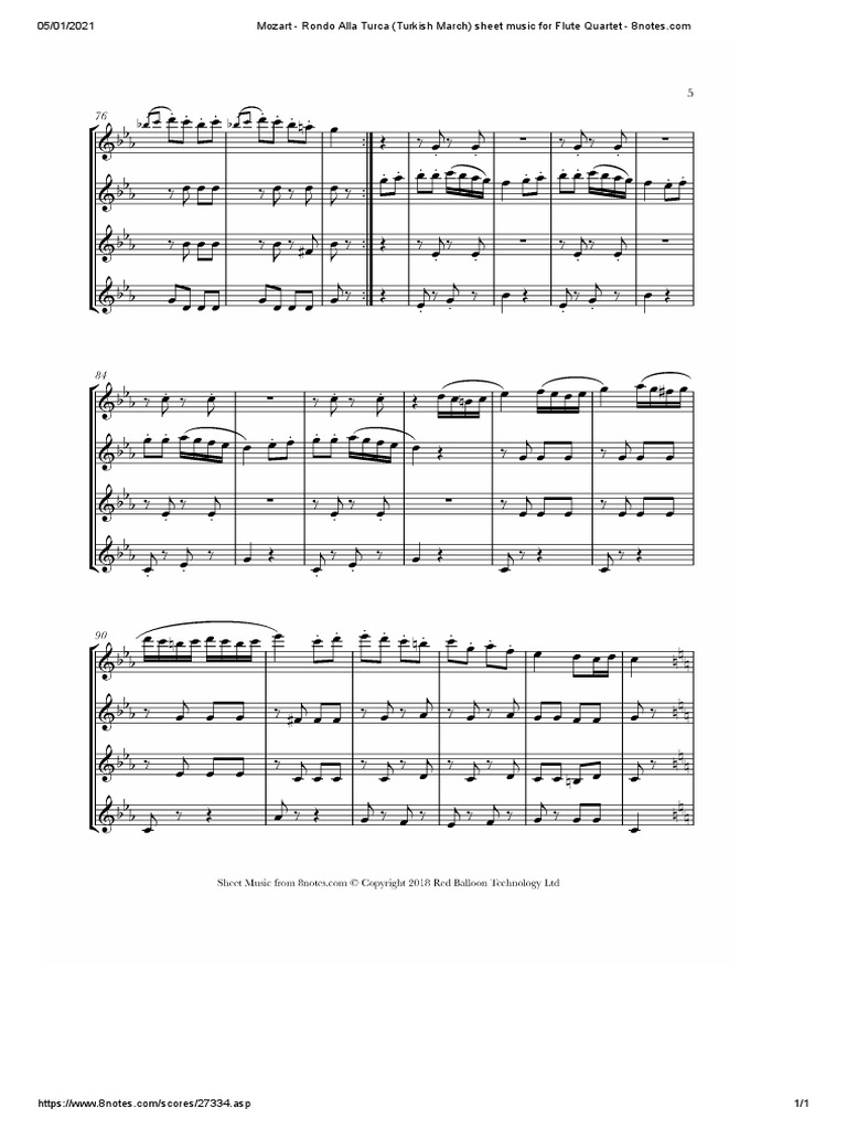Mozart - Rondo Alla Turca (Turkish March) Sheet Music For Flute Quartet ...