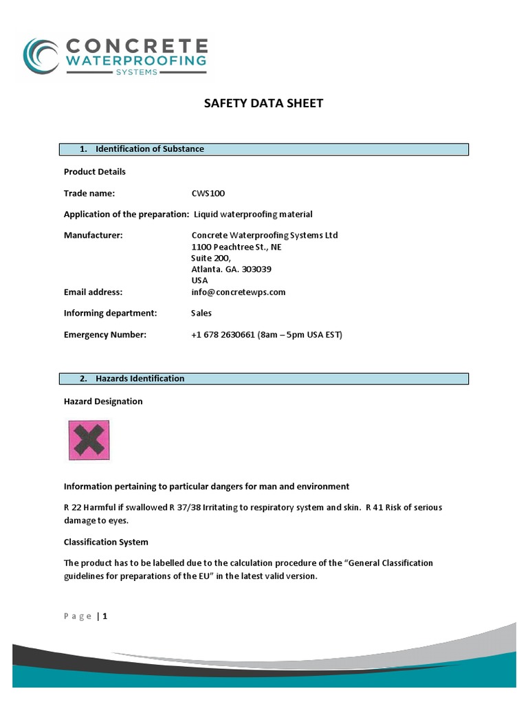 SAFETY DATA SHEET: CWS100 LIQUID WATERPROOFING MATERIAL | PDF ...