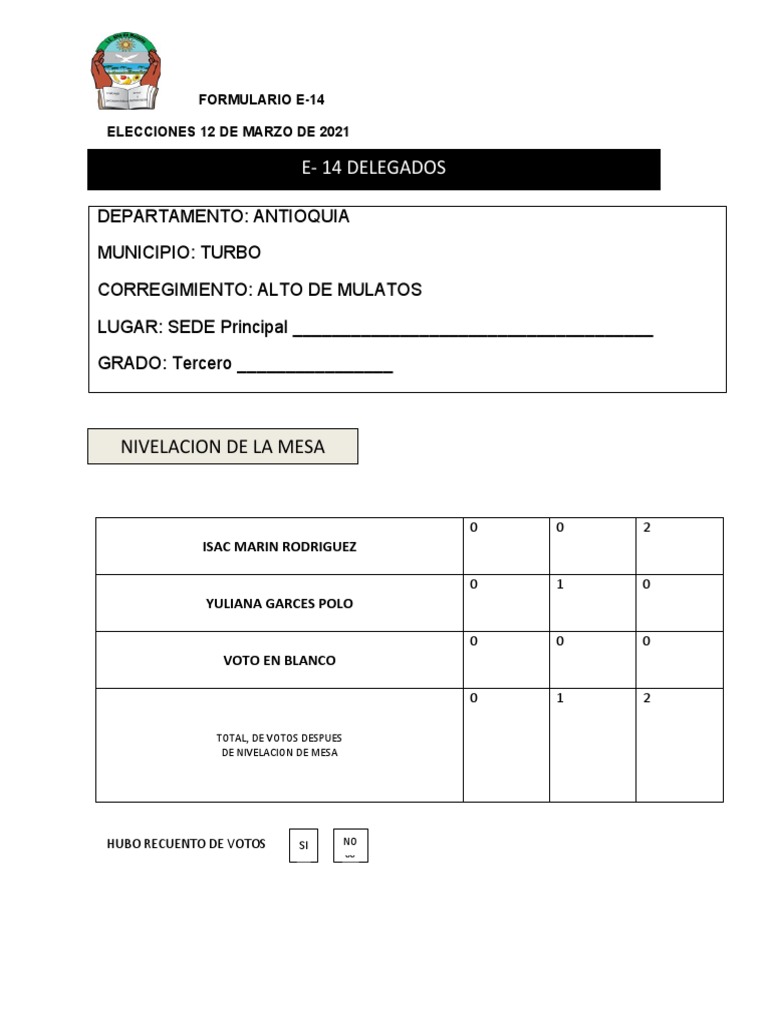 FORMULARIO E-14 Grado Tercero | PDF