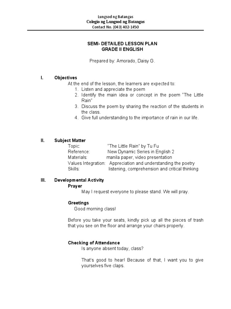 Semi-Detailed Lesson Plan Grade Ii English: Colegio NG Lungsod NG ...