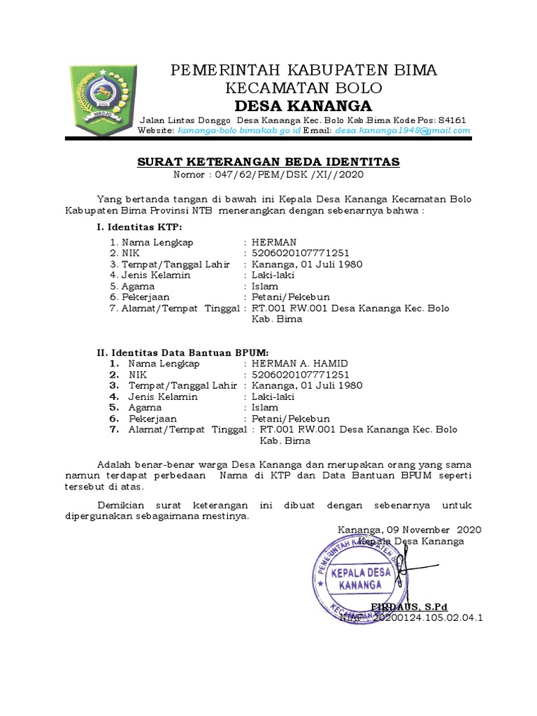 Surat Keterangan Beda Identitas | PDF