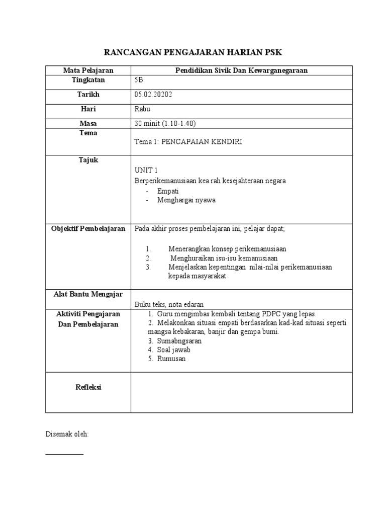 Rancangan Pengajaran Harian PSK | PDF